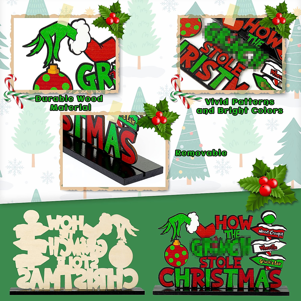 4Pcs Christmas Wooden Table Centerpieces Decoration Green Christmas Thief Wood Desktop Removable Decor Sign Merry Christmas Gnome Ornaments for Christmas Winter Theme Party Decor Table Tier Tray