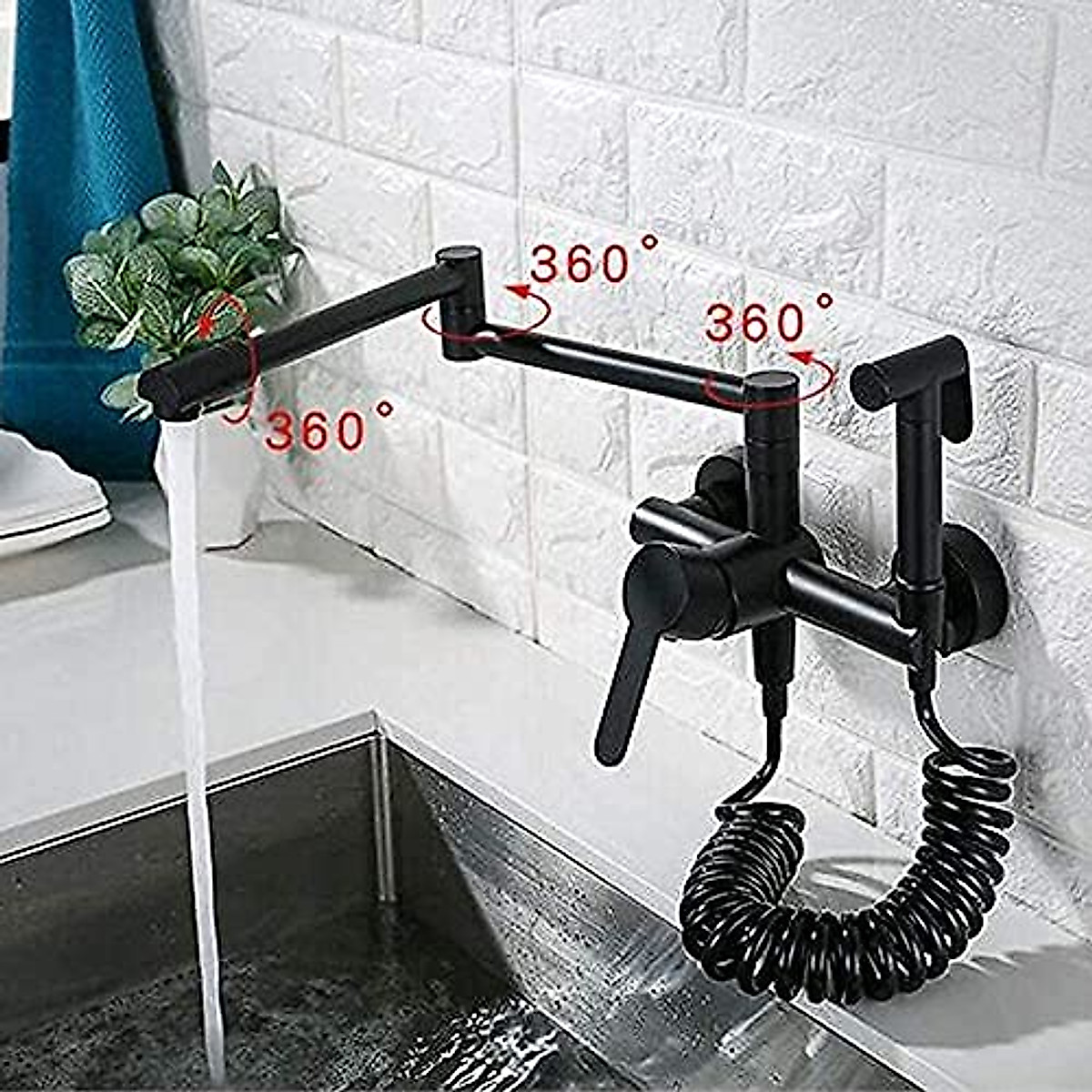 Kitchen Faucet Brass 3-Axis Rotate Foldable with Pull Out Sprayer Wall Mounted Single Handle Mixer Tap,Black