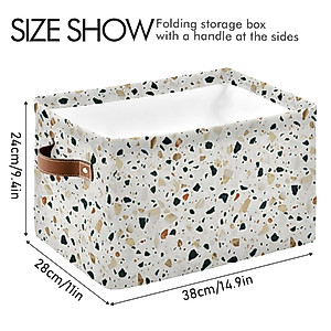 xigua Terrazzo Storage Basket Foldable Storage Bin, Canvas Rectangular Storage Basket with Leather Handles for Home Closet & Office Decoration