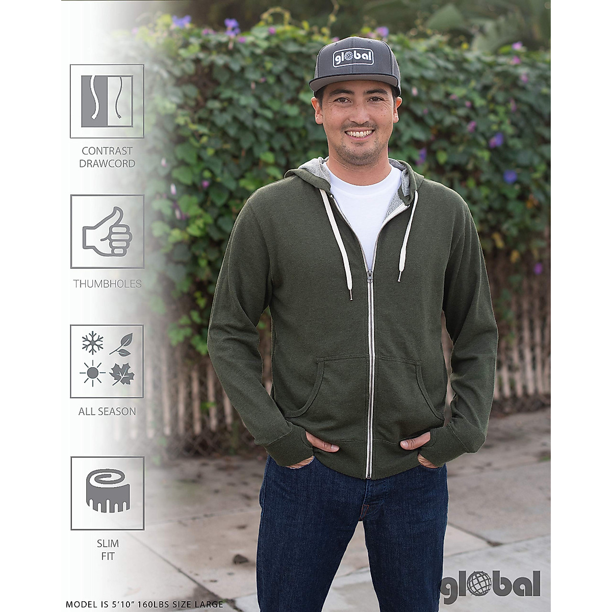 Global Blank Slim-Fit French Terry Sweatshirts for Men and Women, Lightweight Zip-Up Hoodie, Olive, XS