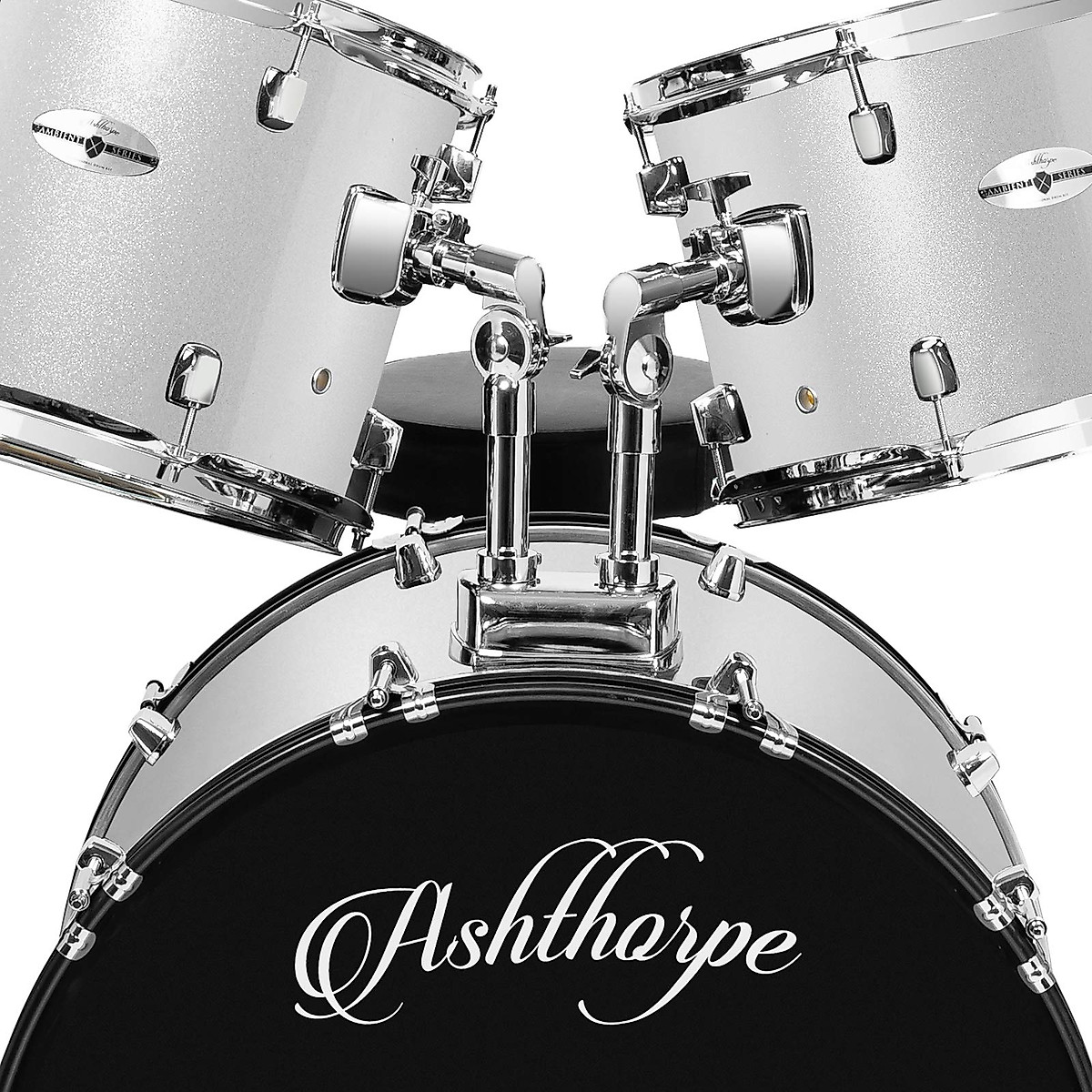 Ashthorpe 5-Piece Full Size Adult Drum Set with Remo Heads & Premium Brass Cymbals - Complete Professional Percussion Kit with Chrome Hardware - Silver