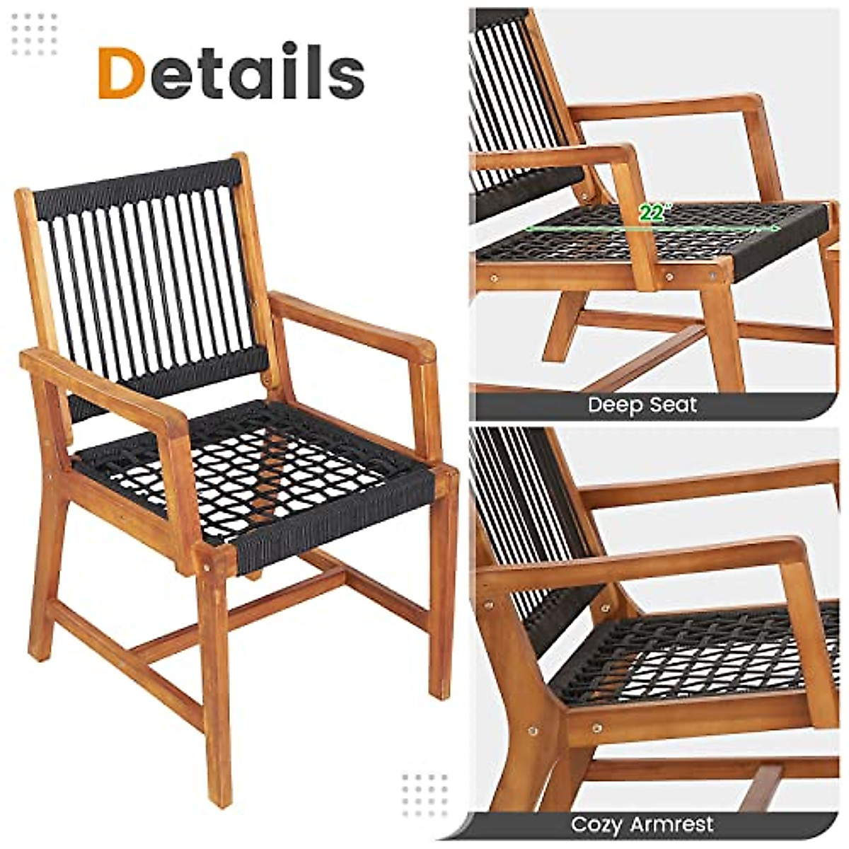 Tangkula 3 Pieces Acacia Wood Outdoor Furniture Set, All-Weather Rope Woven Bistro Set with Armchairs and Coffee Table, Patio Conversation Set for Front Porch, Deck, Balcony