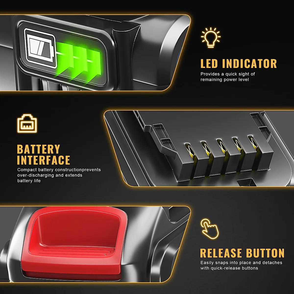 DASNITE 6.0Ah 20V Max Replacement for Dewalt 20V Max Battery Lithium Ion Compatible with Dewalt Batteries DCB200 DCB204 DCB206 DCB201 DCB203 DCD/DCF/DCG Series Cordless Power Tools(2-Pack)