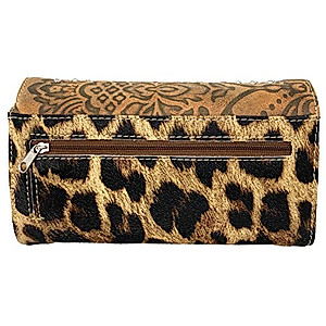 Leopard Animal Print Concealed Carry Feather Concho Country Vintage Western Trifold Crossbody Wallet (Leopard Gold)