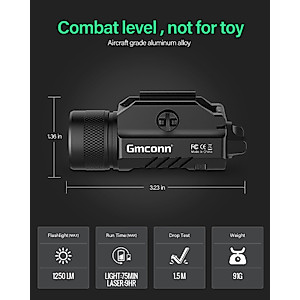 Gmconn 1250 Lumen Tactical Flashlight Pistol Light Rail Mounted LED Gun Light Strobe Weaponlight for Glock Pistol and Picatinny MIL-STD-1913