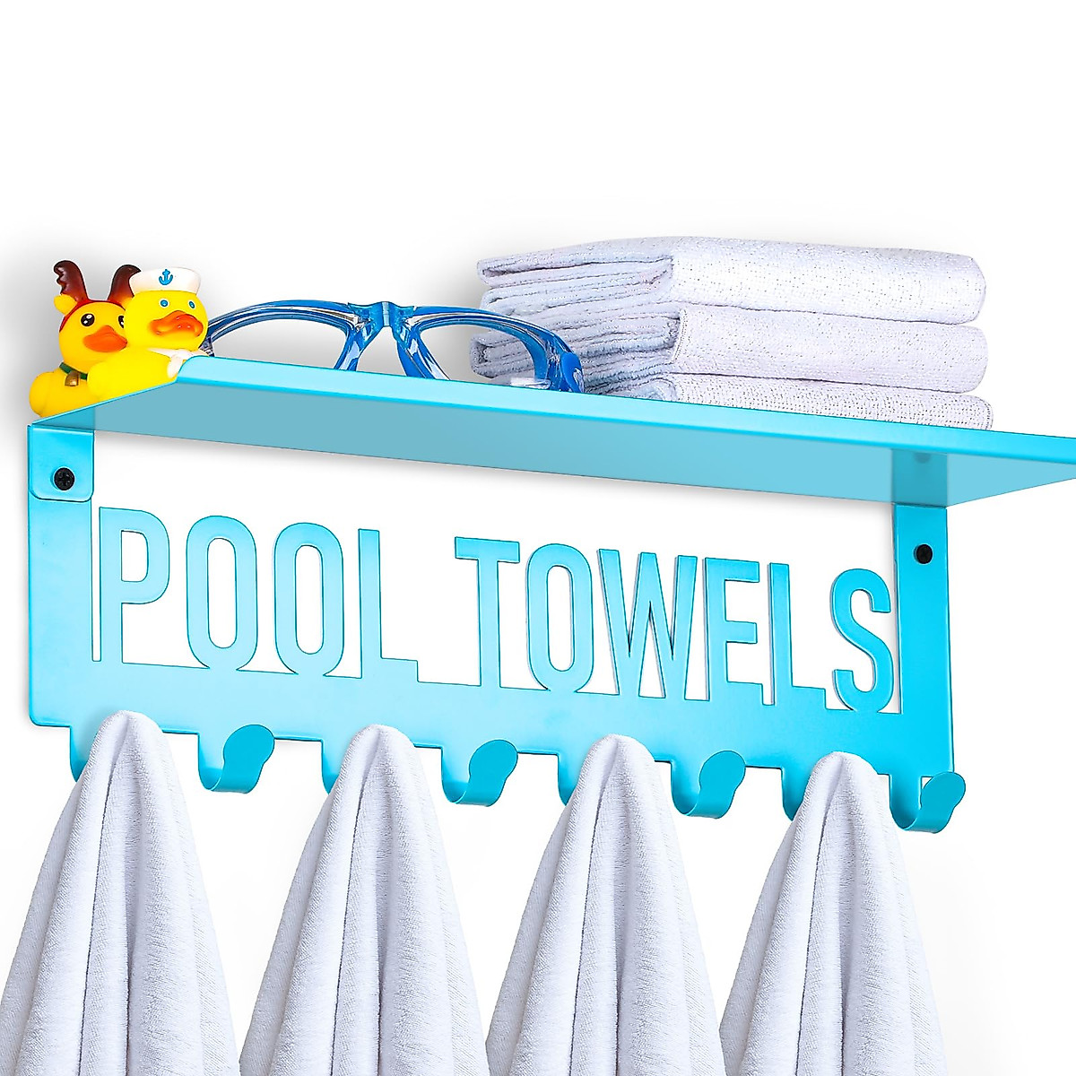 Tandefio Pool Towel Rack with Shelf Outdoor Wall Mounted Towel Holder 8 Hooks for Pool Bathroom Blue Metal Towel Hanger Towel Storage Indoor Outdoor for Robe, Towel, Coat, Swimsuit, Bag, Keys
