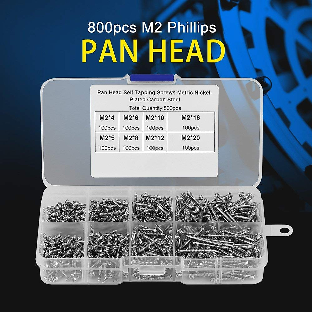 800pcs M2 Cross Drive Pan Head Self-Tapping Screws Woodworking Fastener with Box