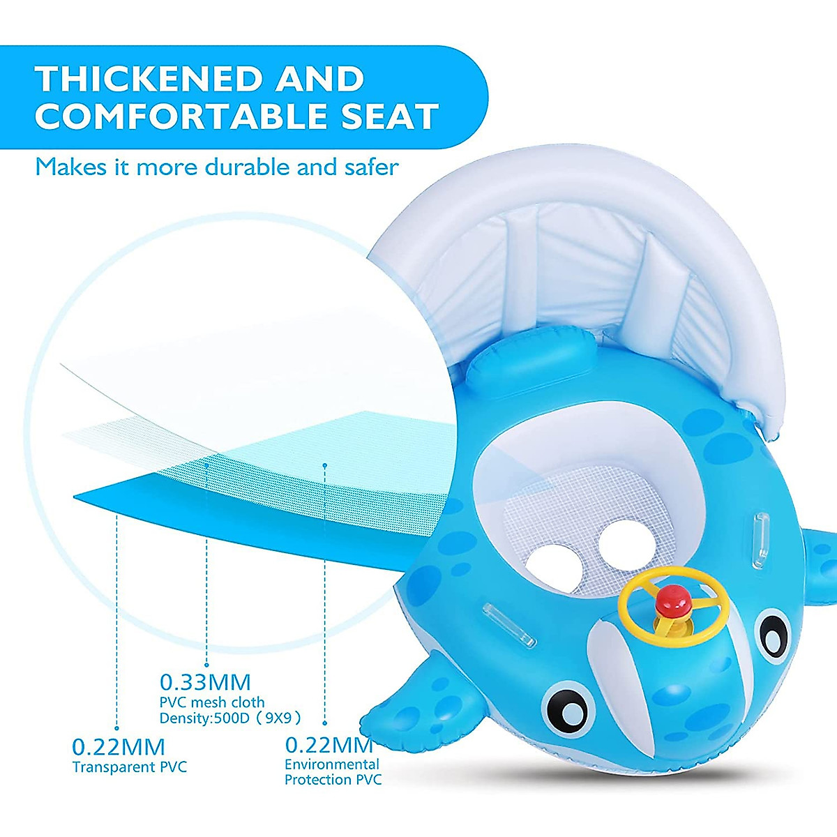 Peradix Baby Swimming Pool Float Boat, Inflatable Baby Swimming Ring with Removable Sun Protection Canopy, Whale Toddler Floaties Water Toys for Infant