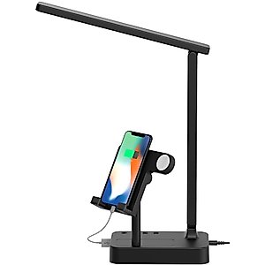 Drevet 3 in 1 LED Desk Table Lamp with Cell Phone Holder and Apple Watch Charger Stand, Eye-Caring Foldable Desk Light with USB Charging Port, 3 Level Brightness, Memory Function, Touch Control, Black