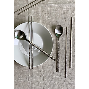 cozymomdeco Korean Made Silver Glossy Hammered Stainless Steel Korean Spoon & Chopstick SET (4SET)