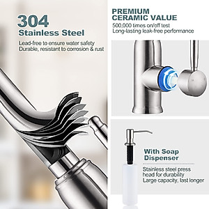 Stainless Steel Kitchen Faucet with Soap Dispenser, WOWOW Brushed Nickel Kitchen Faucet for Sinks, High Arc Single Handle Kitchen Sink Faucet with Sprayer, Vintage Style