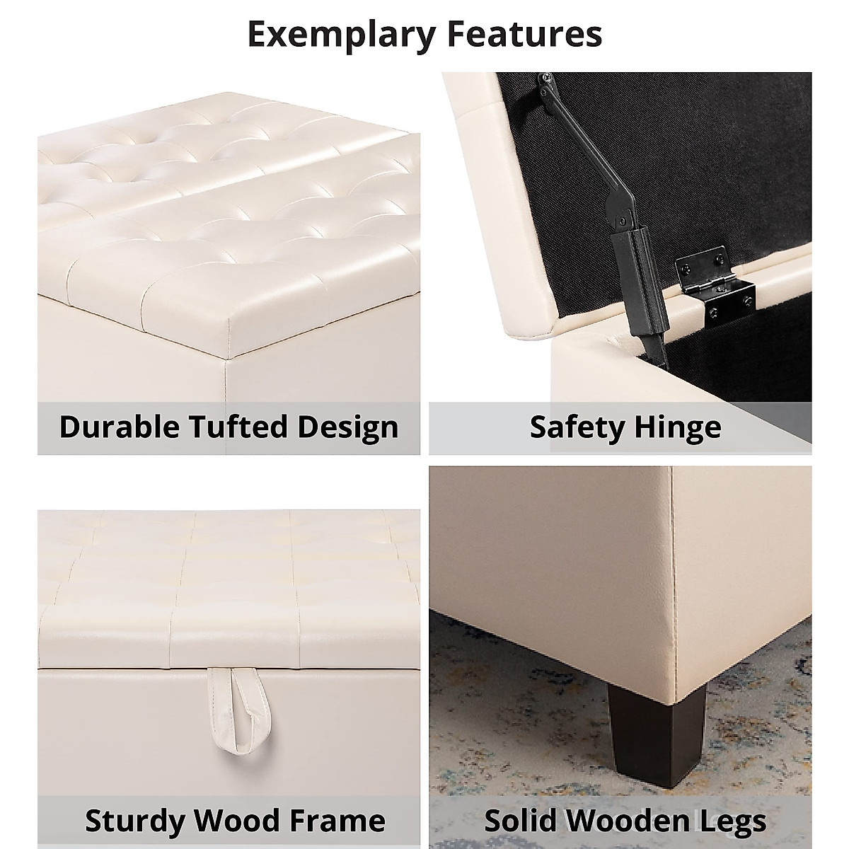 Charlotte 35 Inch Large Square Storage Ottoman Cube Bench, Tufted Upholstered Lift Top Coffee Table Ottoman with Storage, Oversized Dorm Storage Ottomans, Toy Box, Footrest for Living Room - Cream