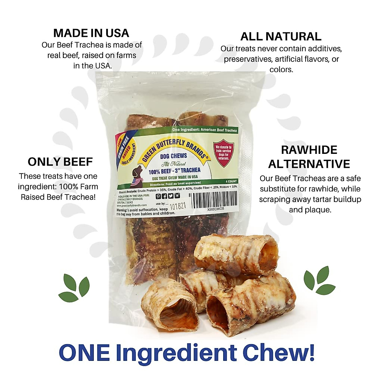 Green Butterfly Brands Dog Chews – Beef Trachea Dog Treat Chew Made in USA. Grass Fed Farm-Raised American Beef. Glucosamine Rich for Healthy Joints. All Natural Dental Chew (3" 4 PCS)