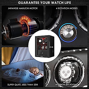 DUKWIN Watch Winder for 2 Automatic Watch, Lockable Red Watch Winder with 3 Watch Storage Places and Jewelry Storage, Super Quiet Mabuchi Motor, High-Gloss Piano Lacquer Finish, Built-in Illumination