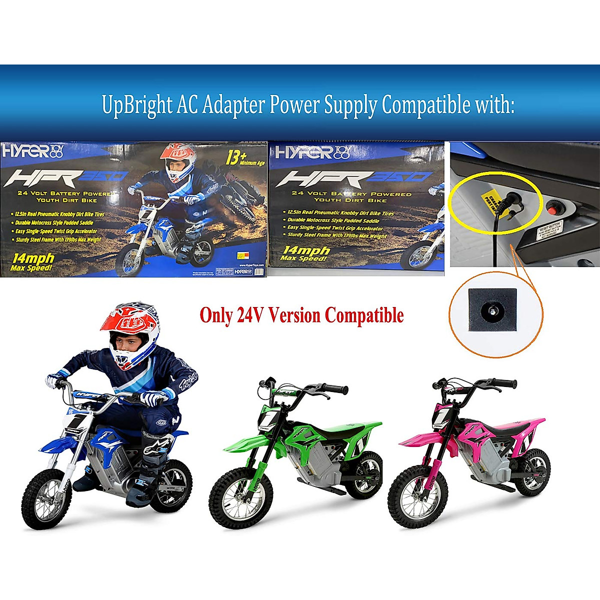 UpBright 24V AC/DC Adapter Compatible with Hyper HPR350 24 Volt Battery Powered Youth Dirt Bike Ride On Toy Vehicle Electric Motorcycle HPR 350 HYP-350-1000 Rechargeable Power Supply Charger (Barrel)