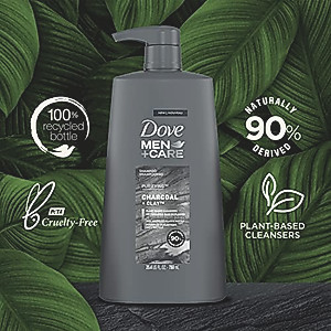DOVE MEN + CARE Shampoo Charcoal + Clay 3 Count For Healthy-Looking Hair Naturally Derived Plant Based Cleansers 25.4 oz