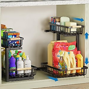 APXPF 2 Pack Under Sink Organizer 2 Tier Under Sink Organizers and Storage Adjustable Kitchen Pull out Cabinet Organizer Metal Sliding Drawer for Bathroom Pantry Cabinet Closet Organization Rack Black