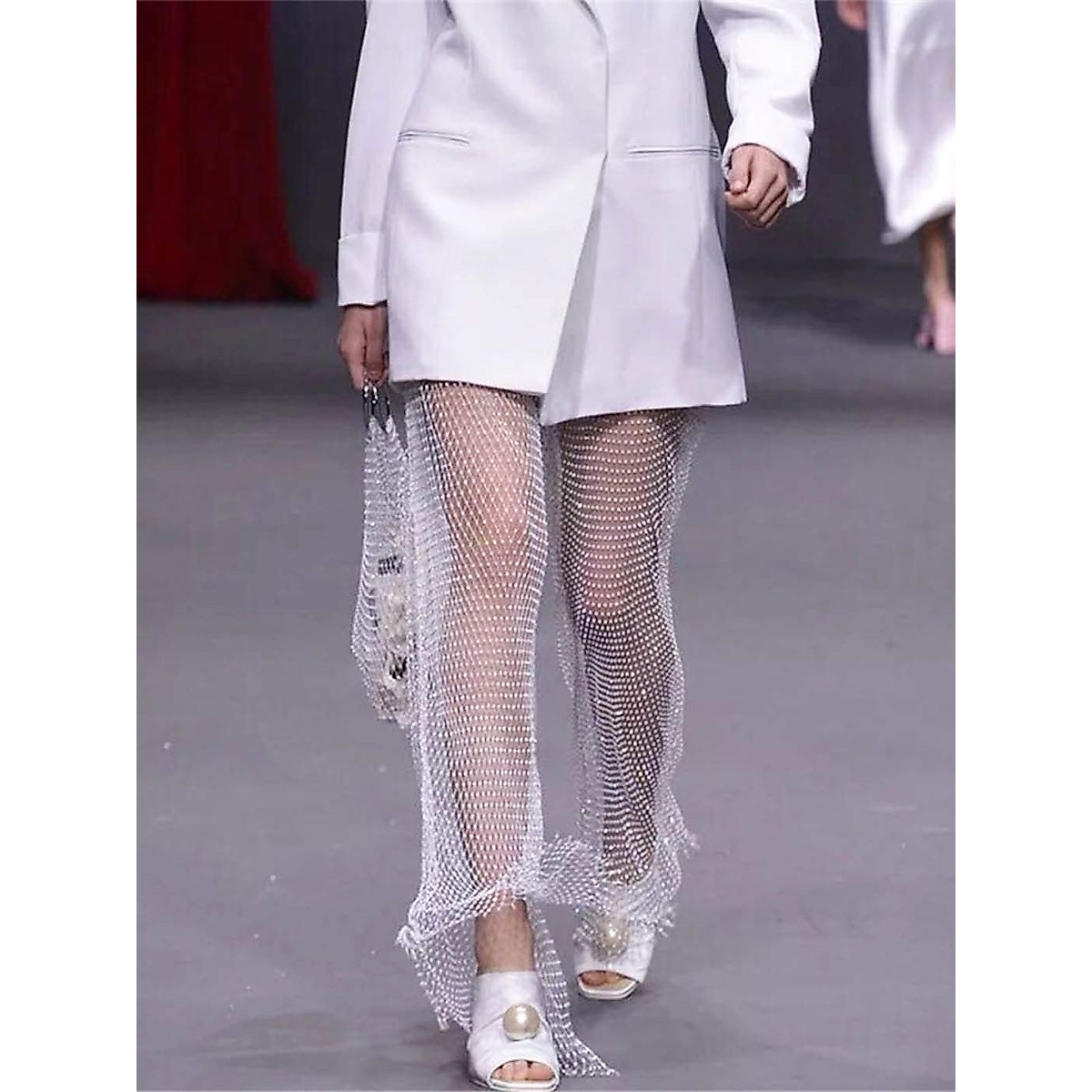 Yokawe Sparkly Crystal Mesh Pants Rhinestone Hollow Out Fishnet Bottoms Rave Party Festival Club Trousers Summer Beach Body Accessories for Women (White)