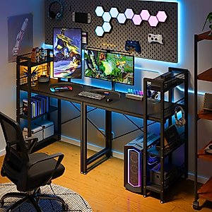 4NM 35" Small Computer Desk with 4-Tier Bookshelf and 8 Hooks, Home Office Desk Writing Workstation Study Table for Small Space Work - All Black