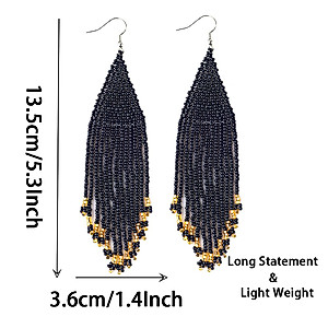 Samiyack Long Native Beaded Earrings, Big Boho Statement Seed Bead Fringe Dangle Earrings for Women, Large Bohemian Handmade Beaded Tassel Chandelier Drop Earrings (Black BB)