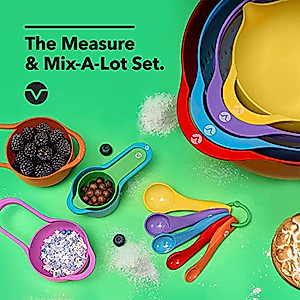 Vremi 13 Piece Mixing Bowl Set - Colorful Kitchen Bowls Colander Mesh Strainer with Handles Measuring Cups and Spoons - BPA Free Plastic Nesting Bowls with Easy Pour Spout for Baking Cooking and More