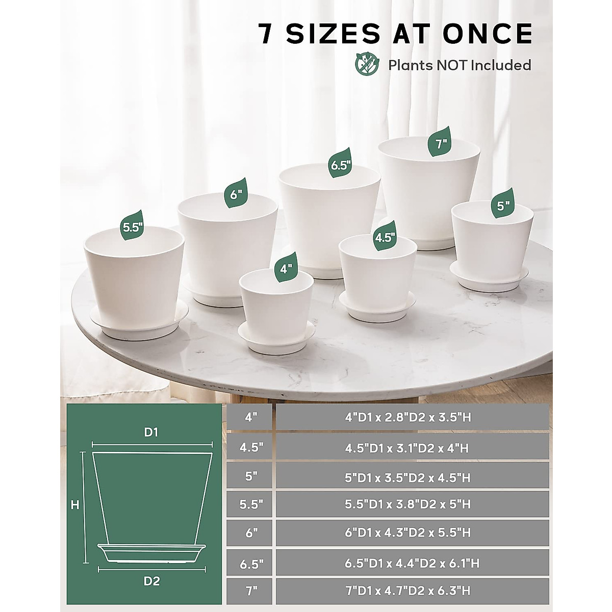 LaDoVita 7 Pack Plastic Plant Pots Indoor, 7/6.5/6/5.5/5/4.5/4 Inch Modern Planters for Plants, Flower Pots with Drainage Holes and Trays, White