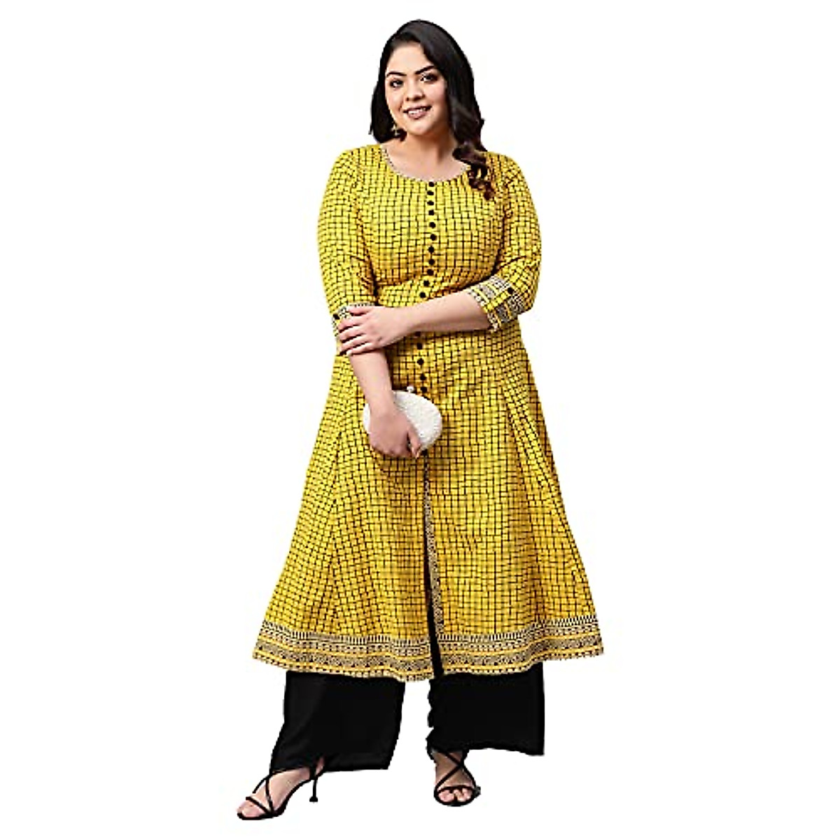 Yash Gallery Women's Cotton Slub Checks Print Anarkali Kurta (White)