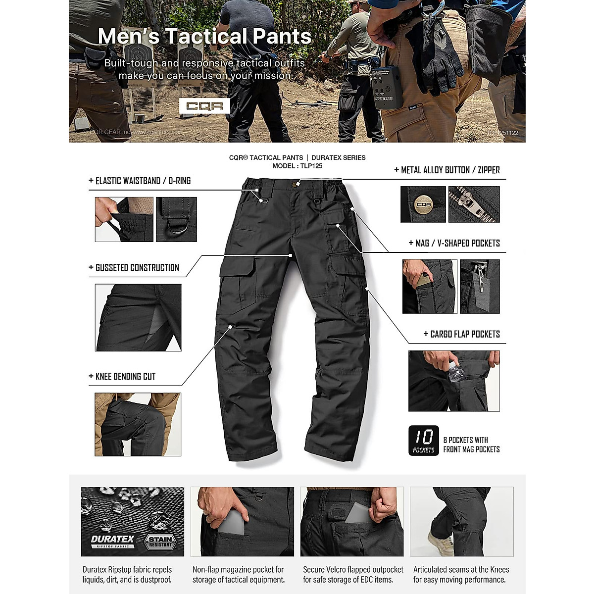 CQR Men's Tactical Pants, Water Resistant Ripstop Cargo Pants, Lightweight EDC Hiking Work Pants, Outdoor Apparel, Duratex Mag Pocket Black, 38W x 32L