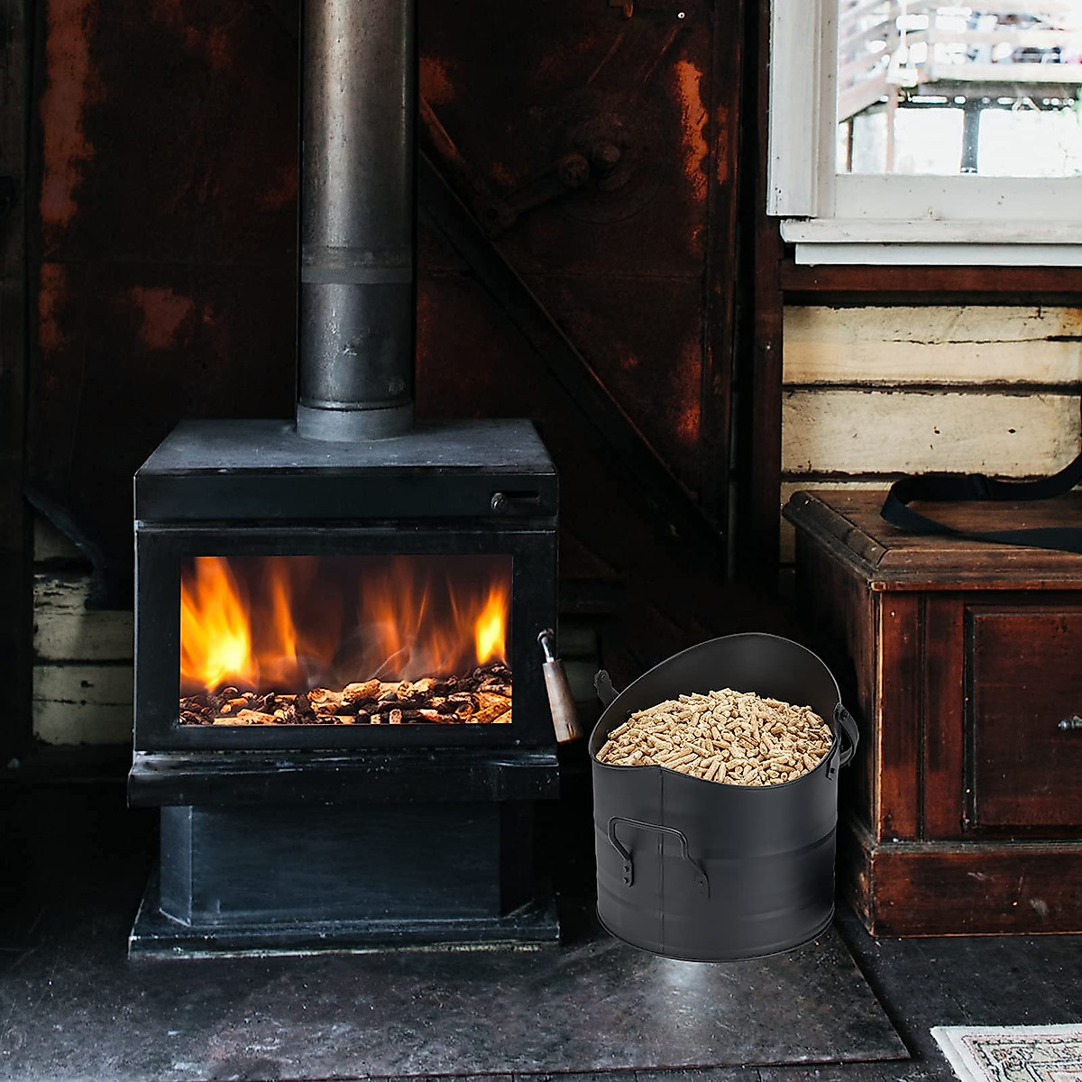 Coal and Ash Bucket with Shovel and Hand Broom, 2-Gallon Portable Pail Metal Bucket Pellet Carrier, Wood Pellet Storage Container, Tool set Accessories for Fireplace, Fire Pit, Wood Burning Stove