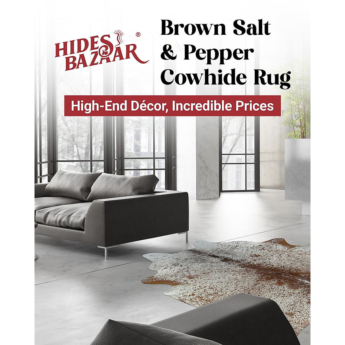 HIDES BAZAAR Cow Rugs for Living Room & Office Premium Salt and Pepper Rug Cowhide Rug - Brown & White Cowskin Rugs Made from Genuine Cowhide Leather - Cow Hide Rugs 6x8 ft