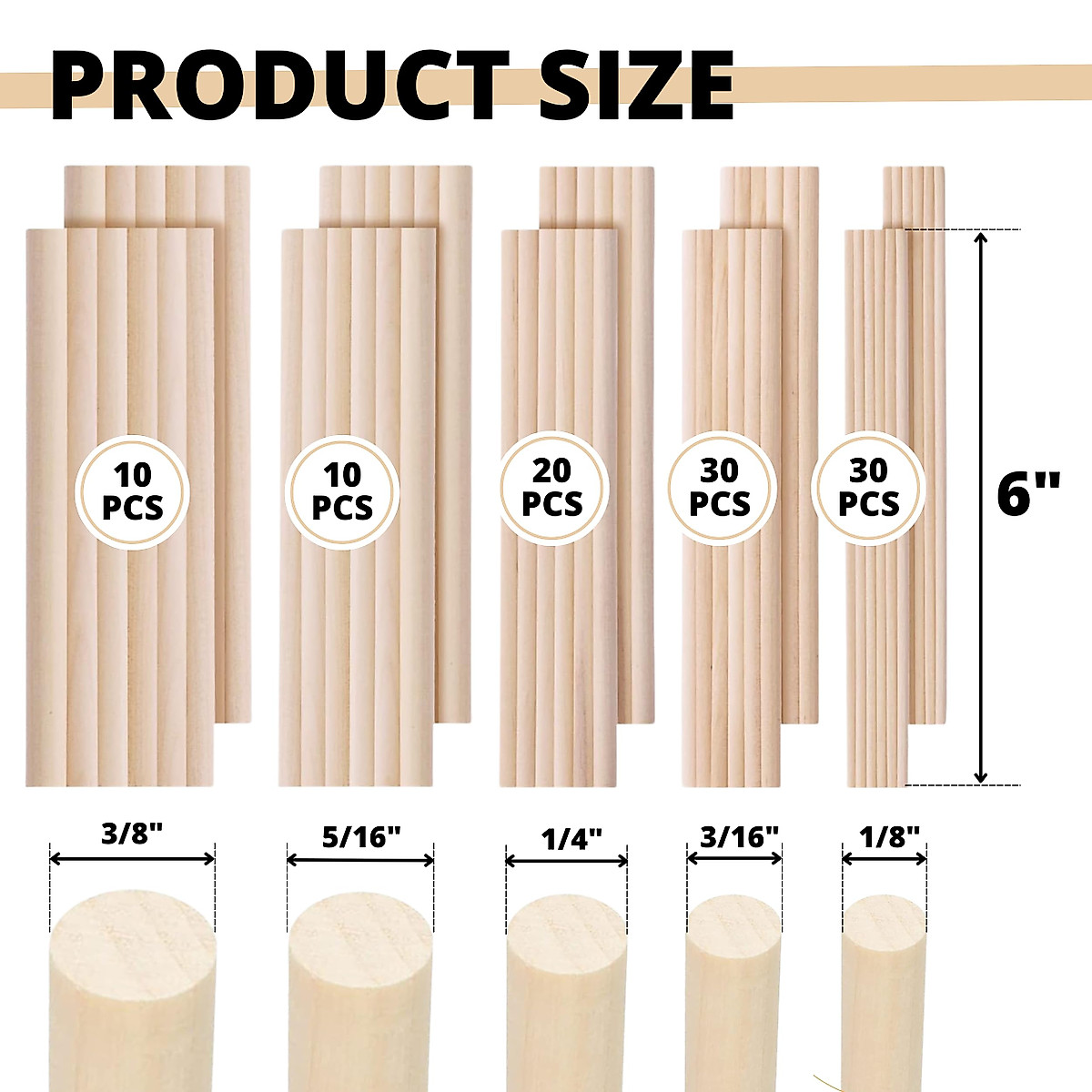 100 PCS Wooden Dowel Rods 6 inch Wood Dowels Assorted Sizes Craft Sticks 1/8 3/16 1/4 5/16 3/8 x 6 Inch Bamboo Sticks Long Bamboo Rods for Crafting