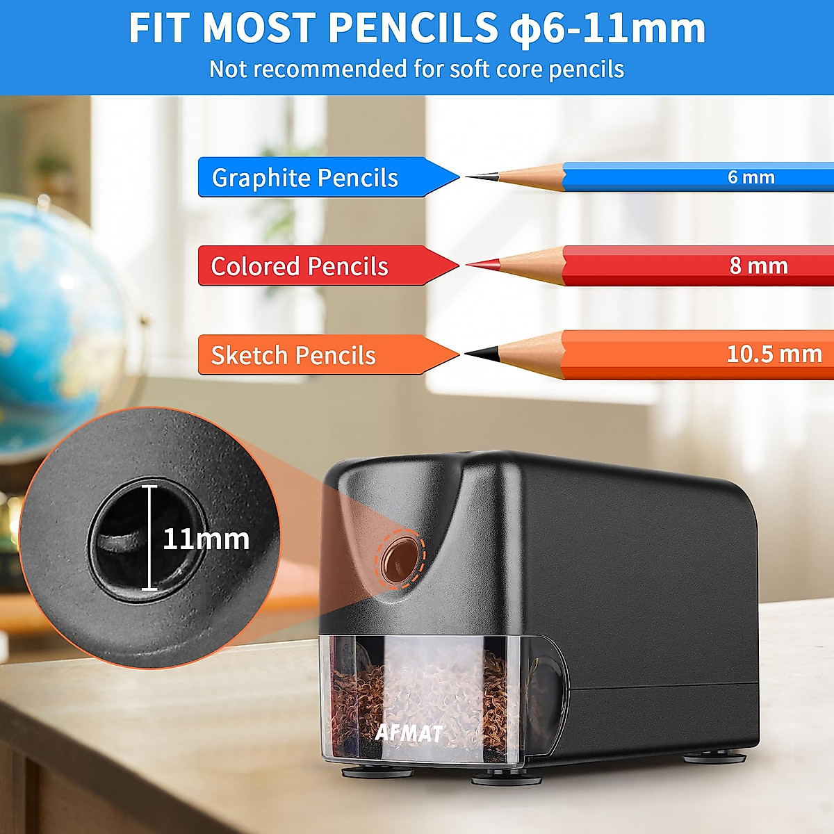 AFMAT Heavy Duty Electric Pencil Sharpener, Auto Stop Classroom Pencil Sharpeners for 6-11mm No.2/Colored Pencils, Pencil Sharpener for Large Pencils, Sharp Point, Save Pencils, Teachers Must Haves