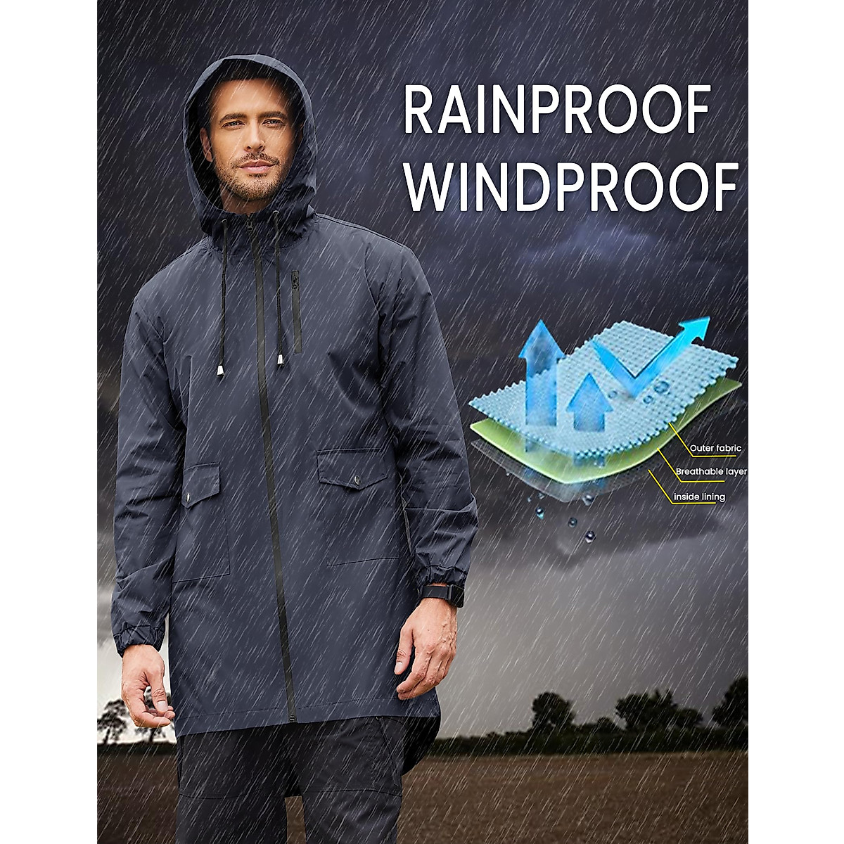 COOFANDY Men's Packable Rain Jacket Long Raincoat With Hood Mens Raincoat With Pockets