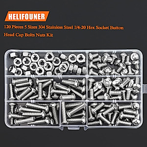 HELIFOUNER 120 Pieces 5 Sizes 304 Stainless Steel 1/4-20 x 3/8" 1/2" 5/8" 3/4" 1" UNC Thread Hex Button Head Cap Bolts Kit