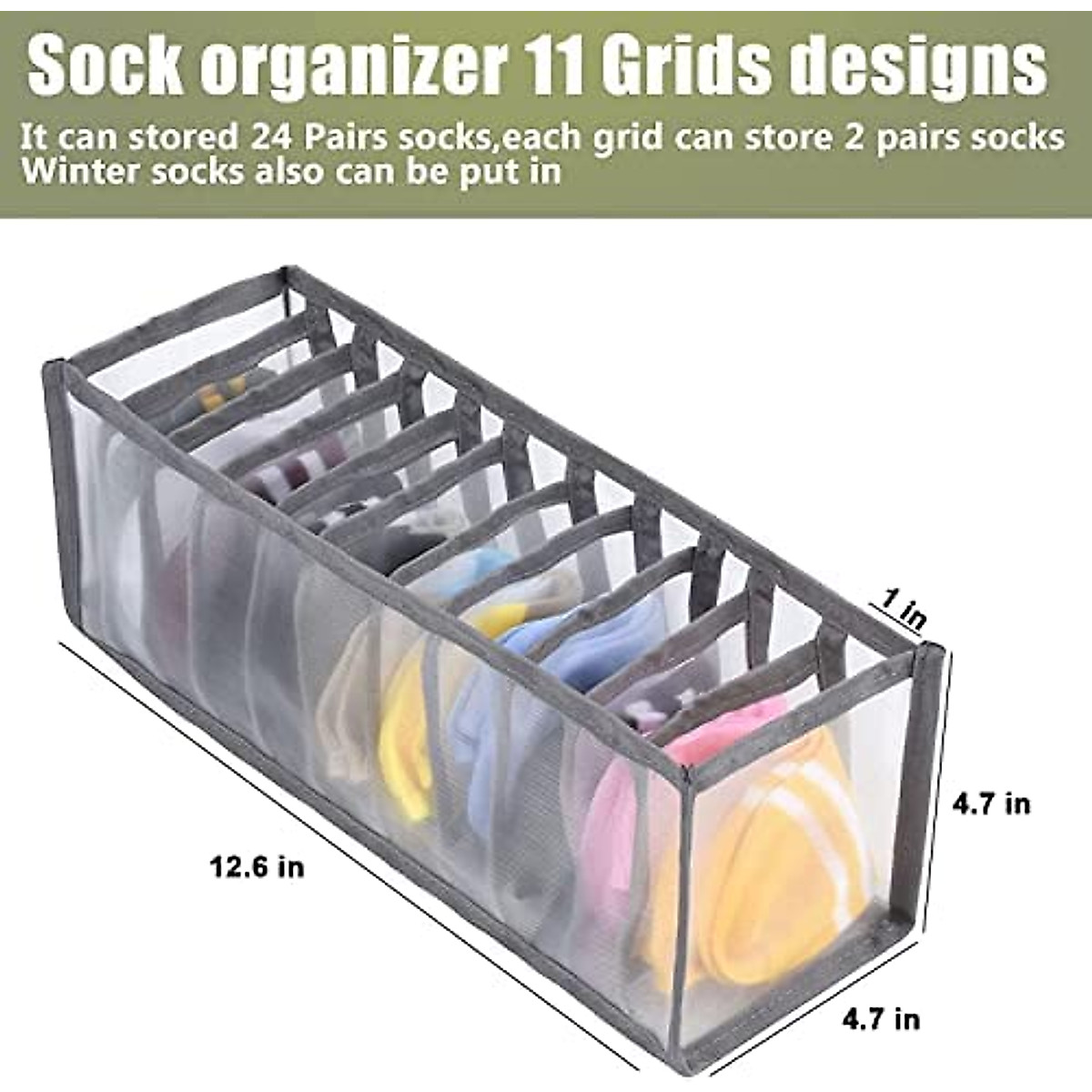 TOOVREN Sock Organizer 2 Pack, sock drawer organizer, sock drawer organizer divider, Cabinet Closet Organizers and Storage, Mesh Foldable Compartment Boxes for Storing Socks, Underwear, Ties, Panties