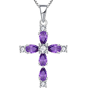 YL Cross Necklace 925 Sterling Silver Created Amethyst Pendant Religious Jewelry 18K White Gold Plated Gemstone Christian Baptism Gift