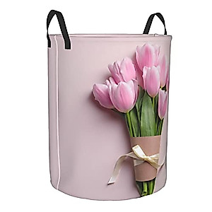 Pretty Pink Tulip Flower Laundry Basket for Women Teens Girls Room, Large Collapsible Floral Print Laundry Hamper Dirty Clothes Bag with Handles Washing Storage Bin for Clothes Toys Bedroom Bathroom