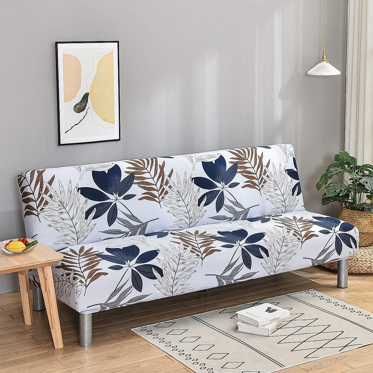 MIFXIN Armless Sofa Cover Futon Slipcover Stretch Elastic Polyester Folding Sofa Bed Non-Armrest Couch Furniture Protector Spandex Printed Washable Sofa Cover Without Armrests (Grey Blue Leaf)