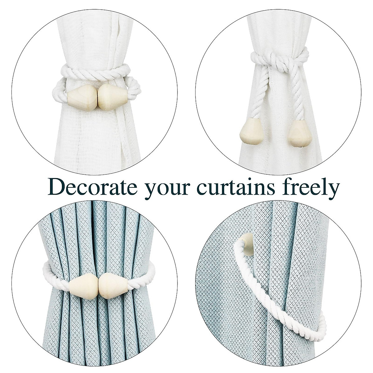 Hangtty Magnetic Curtain Tiebacks 2 Pack Cotton Boho Curtain Tie Back Decorative Rope Holdbacks for Curtains Draperies Outdoor Window Treatment Holdbacks, White