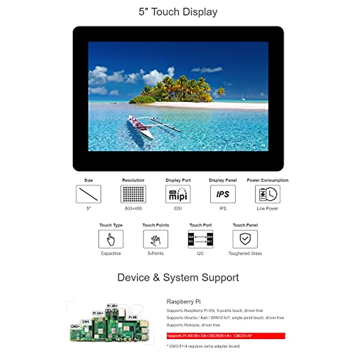 waveshare 5inch Capacitive IPS Touch Display Compatible with Raspberry Pi 5/4B/3B+/3A+/3B/2B/B+/A+/ CM3/3+/4 800×480 Resolution DSI Interface Low Power Consumption