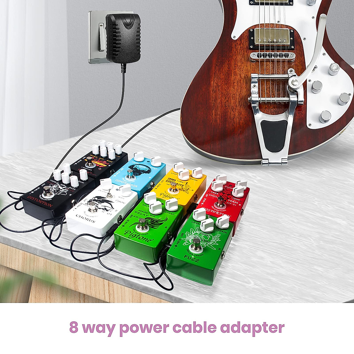 Pigtone Guitar Pedal Power Supply AC Wall Charger Adapter 9V DC 1A 1000mA Tip Negative 8 Way Daisy Chain Pedal Cables for Most Guitar Effect Pedals