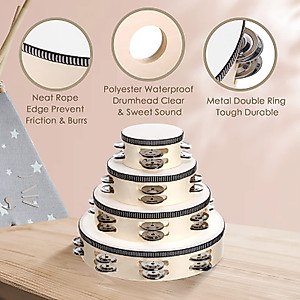 8 Pcs Wood Tambourine Adults Bulk Double Row Metal Jingle Hand Held Tambourine Jingles Assorted Size Tambourine Musical Educational Tambourine Gift Rhythm Percussion Instrument for Church Party KTV