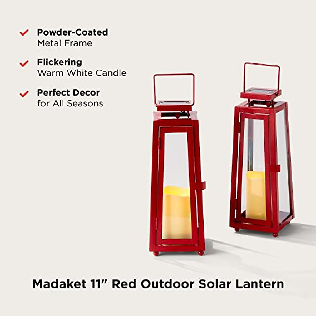 Red Outdoor Solar Lanterns - 11 Inch, Set of 2, Metal & Glass, Waterproof Flameless Pillar Candle, Dusk to Dawn Timer, Flickering LED Light, Rustic Vintage Patio