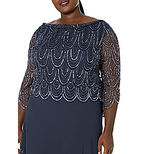 J Kara Women's Plus Size 3/4 Scallop Beaded Pop Over Gown, Navy/Mercury, 20W