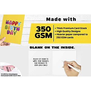 12 Large Kids Happy Birthday Cards 5 x 7 Inch – 12 Premium Children Birthday Cards For Him & Her with Illustrated Dogs, Cats, Space Rockets, Planets, and Cute Furry Characters Printed on Thick 350 GSM