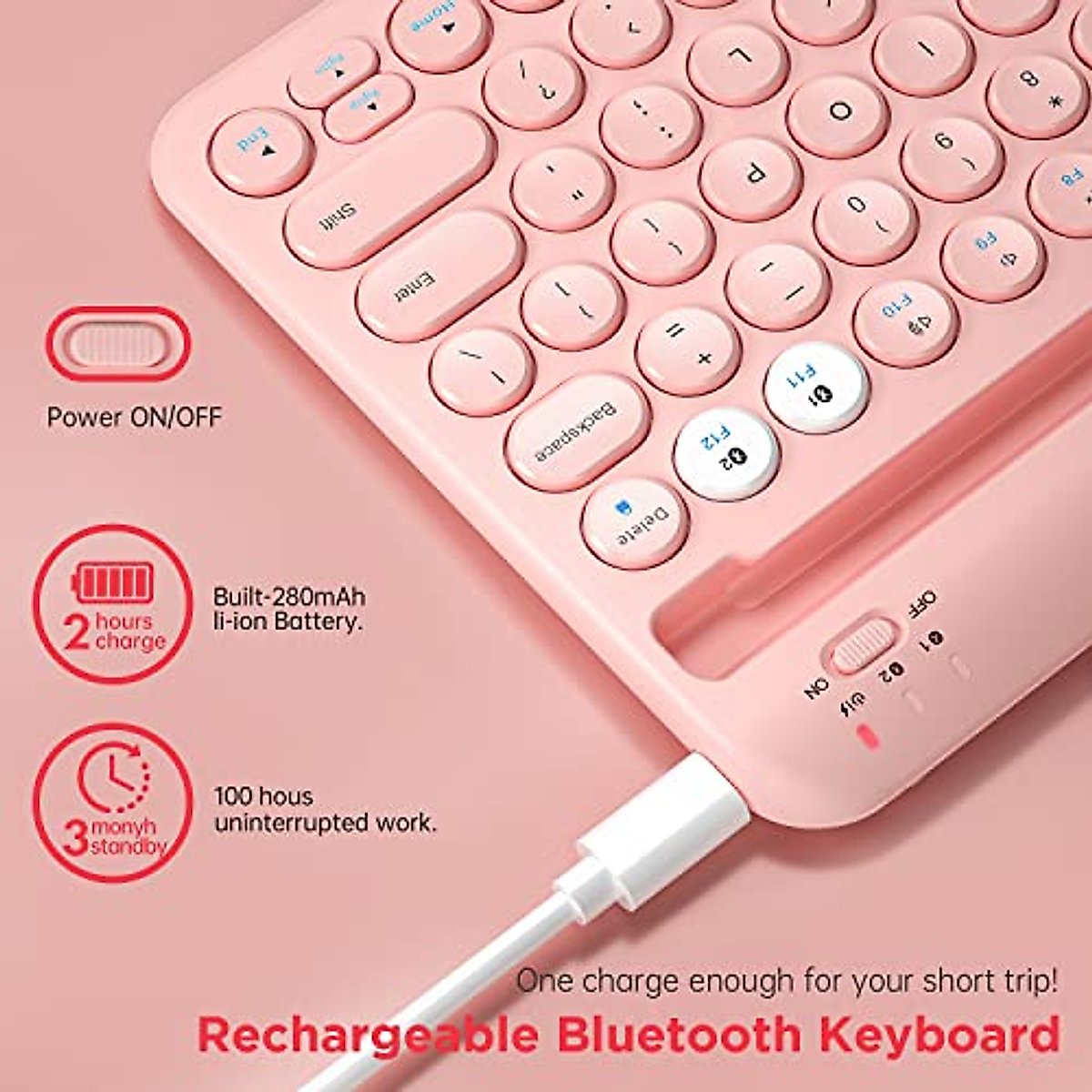 Samsers Multi-Device Bluetooth Keyboard, Rechargeable Wireless Bluetooth 5.1 Keyboard with Integrated Stand, Support 2 Devices for Smartphone Tablet iPad Laptop MacBook PC iOS Android Windows - Pink