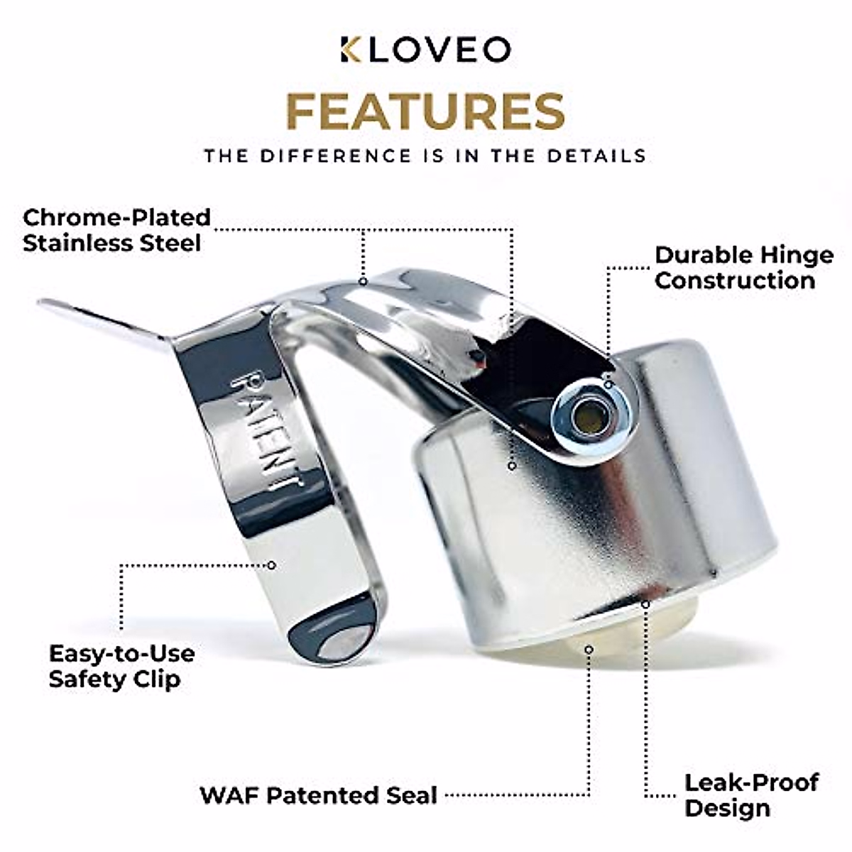 Champagne Stoppers by KLOVEO - Patented Seal (No Pressure Pump Needed) Made in Italy - Professional Grade WAF Champagne Bottle Stopper - Prosecco, Cava, and Sparkling Wine Stopper