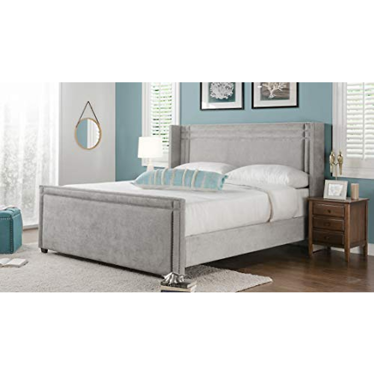 Jennifer Taylor Home Elle Collection Modern Upholstered King Size Bed Frame, Nailhead Trim, Silver Gray