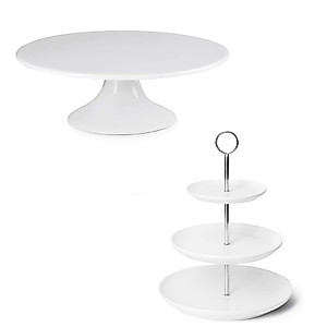 Sweese 10inch Porcelain Cake Stand Round Dessert Stand White + 3 Tier Cupcake Stand Porcelain Dessert Stand White