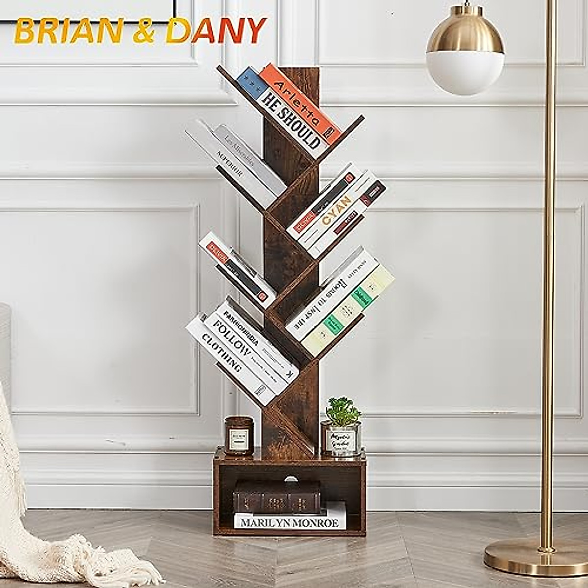 BRIAN & DANY Tree Bookshelf, 6-Tier Book Shelf, Wooden Bookshelves Storage Organizer Shelves for Living Room, Bedroom, Office, Rustic Brown